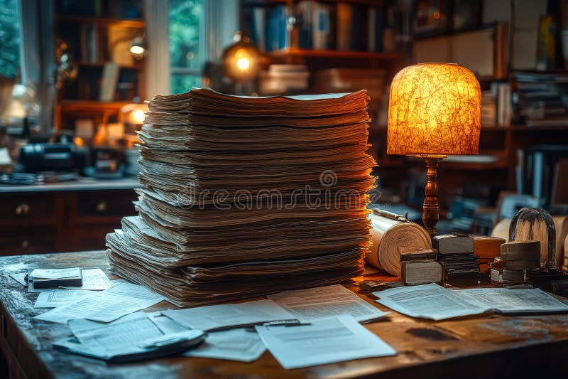 Stack of Papers on a Desk with a Lamp on Top Stock Photo - Image of ...