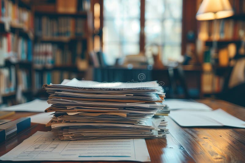 Stack of Papers on Desk in Library. Stack of Papers on Wooden Table ...