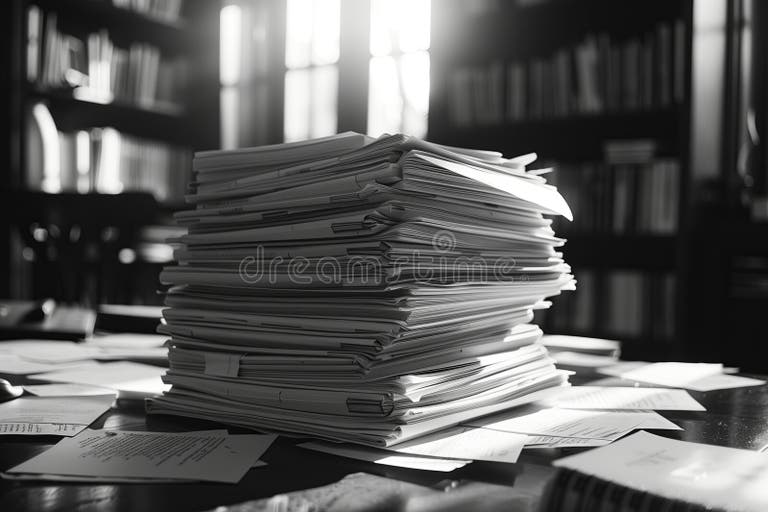 Stack of Papers on Desk in Library. Stack of Papers on Wooden Table ...