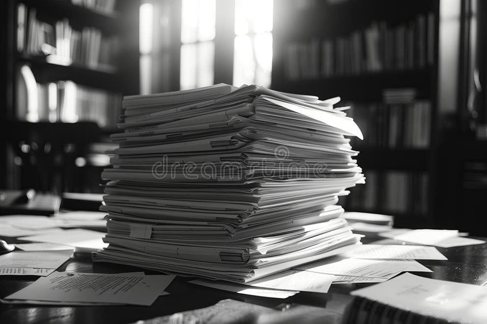 Stack of Papers on Desk in Library. Stack of Papers on Wooden Table ...