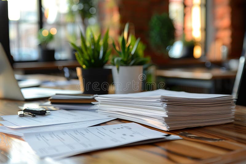 Stack of Papers on Desk in Library. Stack of Papers on Wooden Table ...