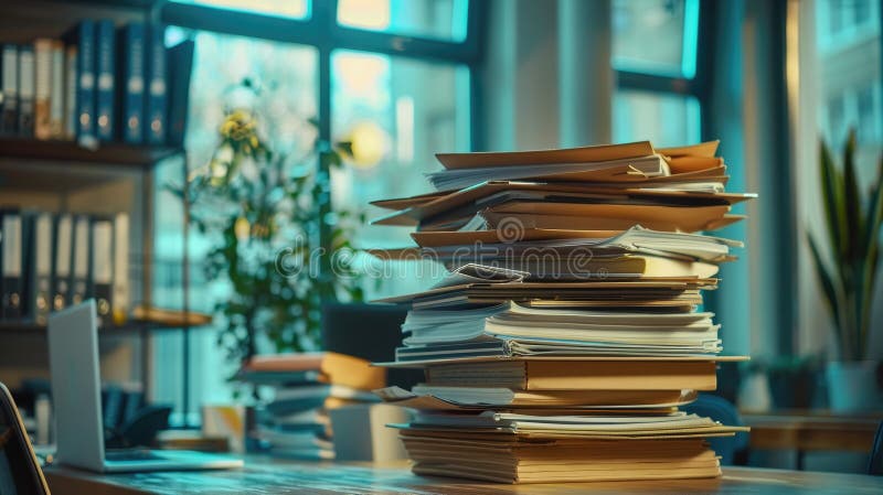 A Stack of Papers on a Desk with a Potted Plant in the Background Stock ...