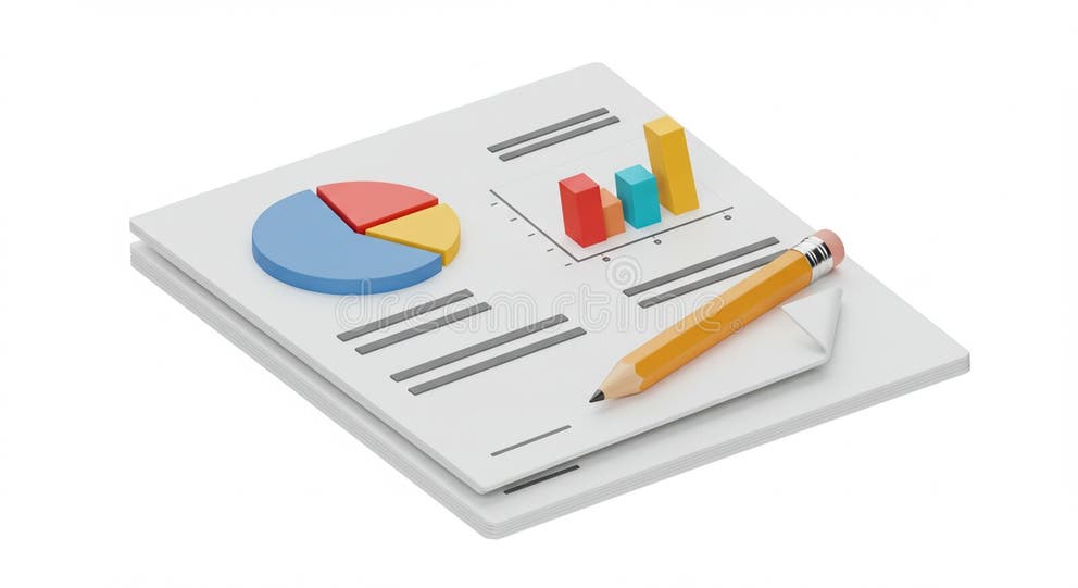 A Stack of Papers Features Data Visuals: a Pie Chart with Blue, Red ...