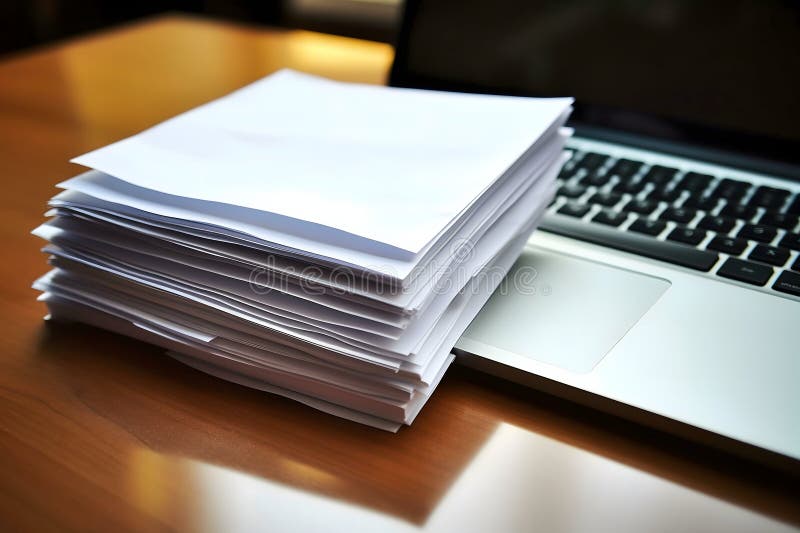 Stack of Papers Near Laptop on Wooden Desk Stock Illustration ...