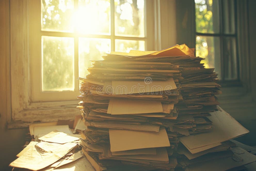 A Stack of Papers and Notes Sitting on a Table Near a Window, Suitable ...