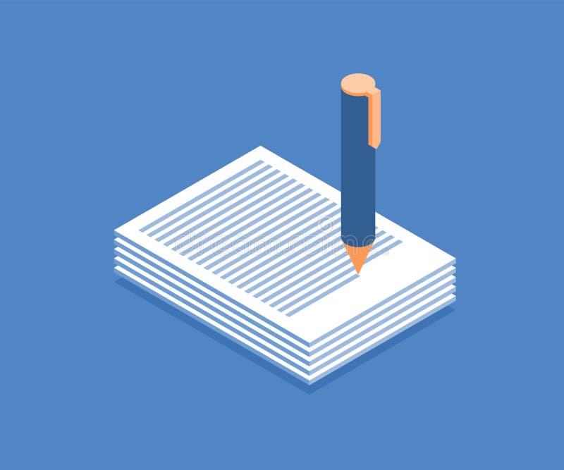 Stack of Papers and Pen Icon. Vector Illustration in Flat Isometric 3D ...