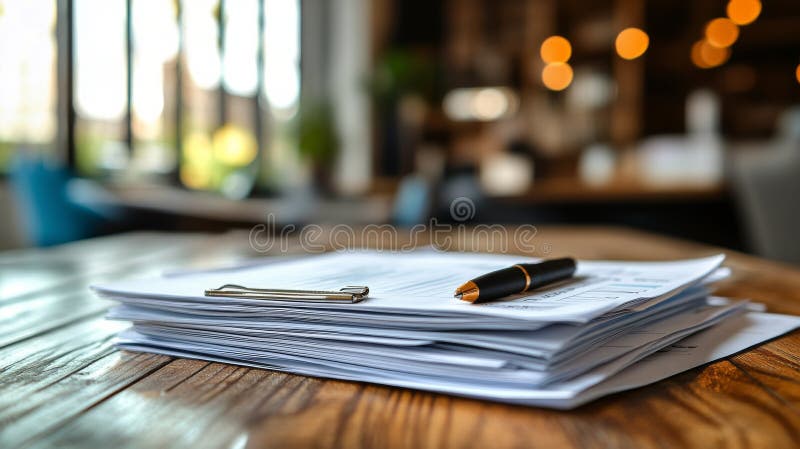 Stack of Papers and a Pen on a Wooden Table Inside a Bright, Modern ...