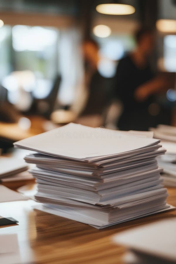 A Stack of Papers Sits Atop a Wooden Desk in a Contemporary Office ...