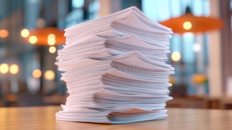 A Stack of Papers on a Table in Front of Some Lights, AI Stock Image ...