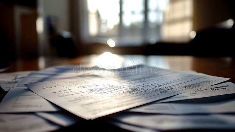 A Stack of Papers on a Table with a Window Behind Them Stock ...