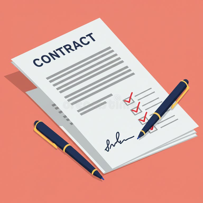 Stack of Papers Titled "CONTRACT" with Text Lines and Checkboxes. Red ...