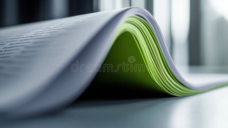 A Stack of Papers with Vibrant Green Edges Lies on a Smooth Surface, AI ...