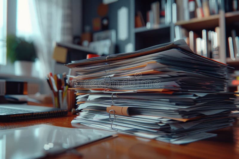 Stack of Papers on a Wooden Desk, Ideal for Office or Study Settings ...
