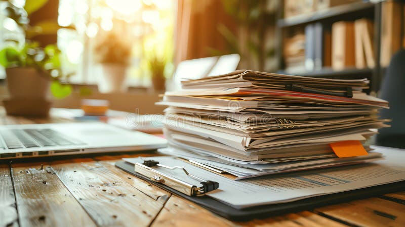A Stack of Papers on a Wooden Desk with a Laptop and a Plant in the ...