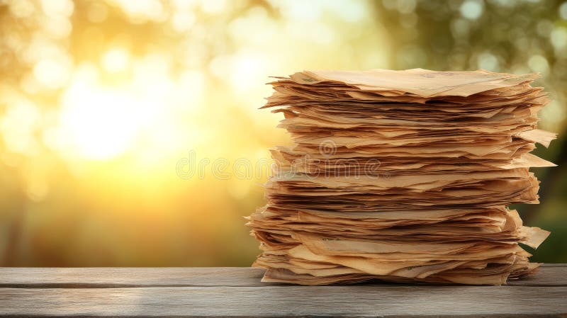Stack of Papers on Wooden Desk, Organization, Work, or Study Materials ...