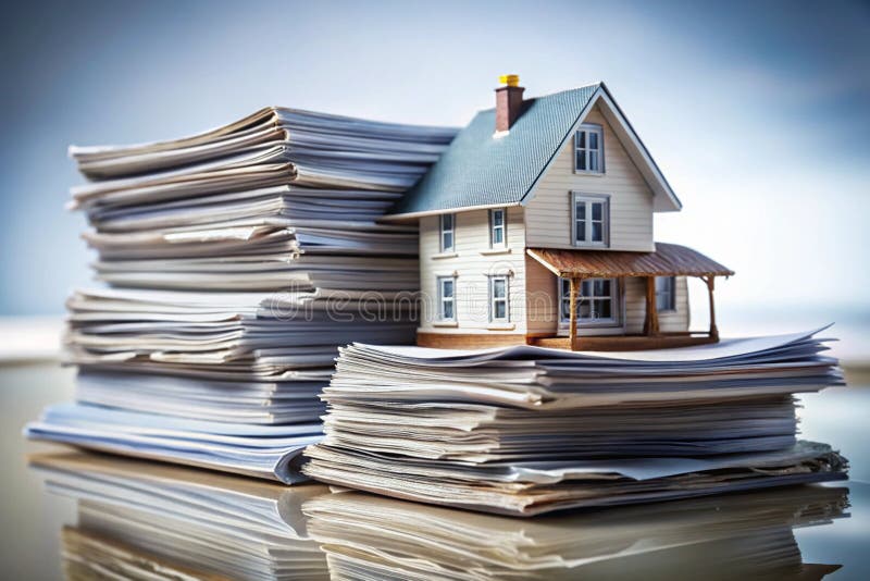 Stack of Paperwork with a Model House on Top, Representing Real Estate Documentation and ...