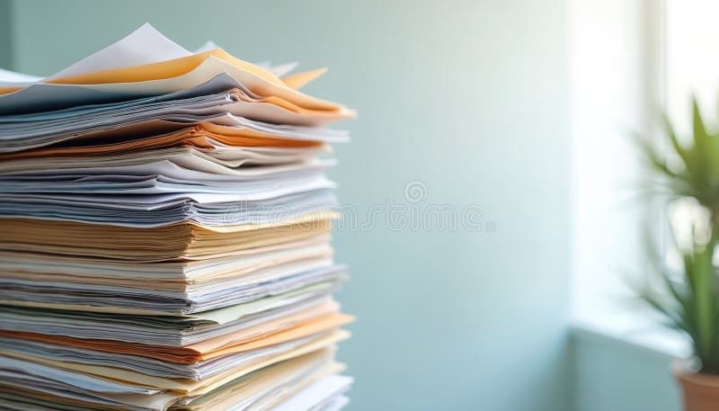Stack of Paperwork with Office Plant Near Window. Paper Pile Documents ...