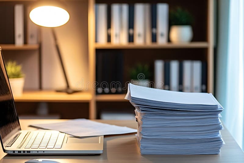 Stack of Paperwork Sitting on Desk with Laptop in Home Office Stock ...