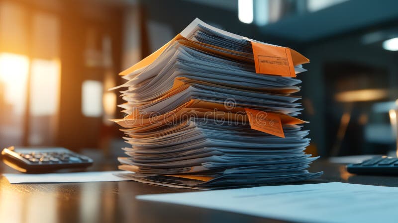 Stack of Paperwork with Sticky Notes on a Desk, Illuminated by Sunset ...