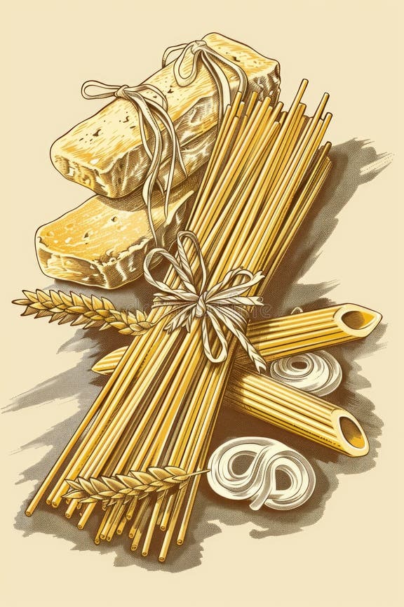 A Stack of Pasta and a Loaf of Bread on a Table Stock Photo - Image of ...