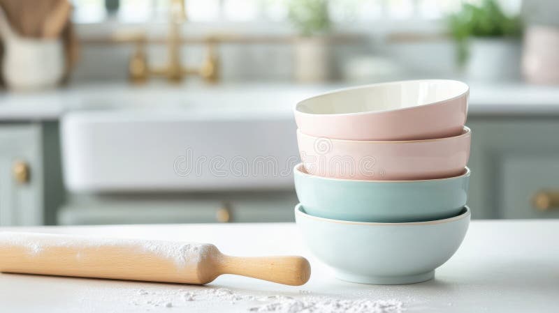 Stack of Pastel Ceramic Bowls with Wooden Rolling Pin in Bright Kitchen ...