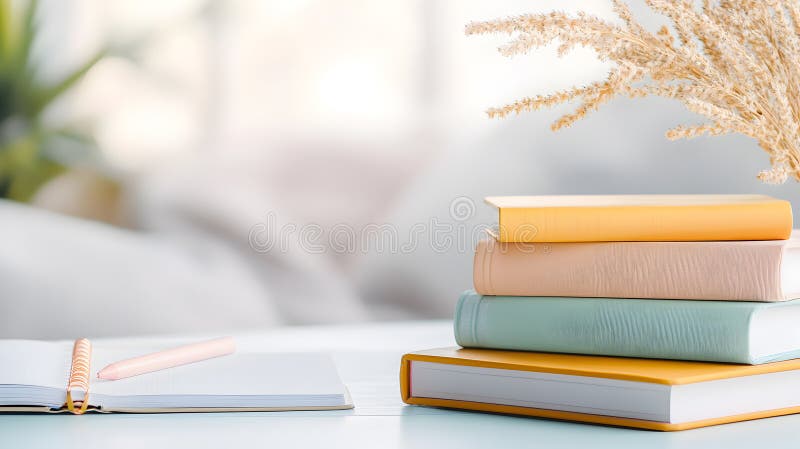 Stack of Pastel-colored Books with Open Notebook and Pen on White Table ...