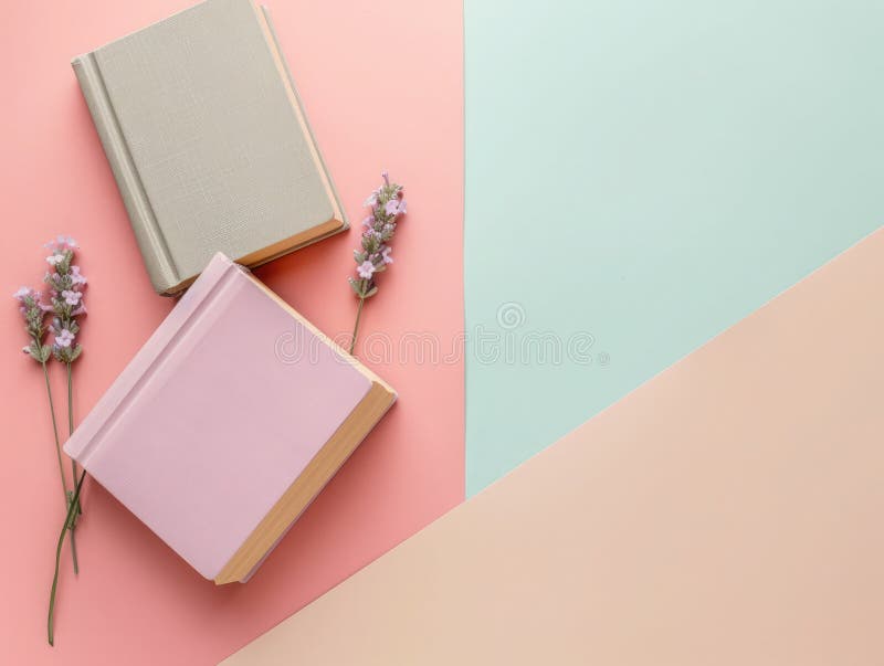 A Cozy Workspace with Pastel-colored Books and a Cup of Tea on a Pink ...