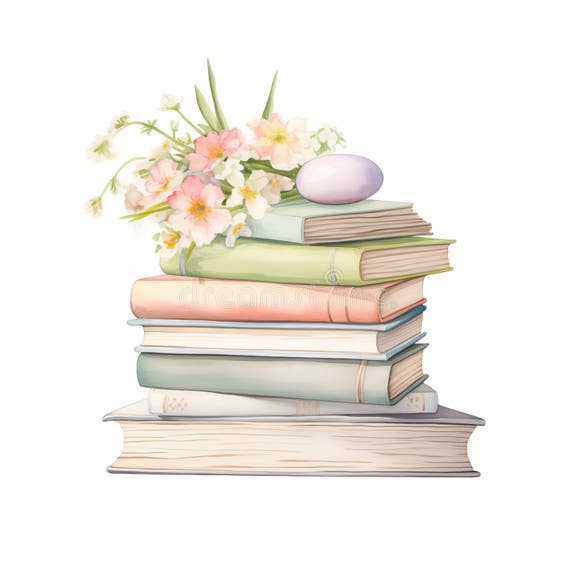 Stack of Pastel Colored Books with Spring Flowers and Easter Egg on Top ...