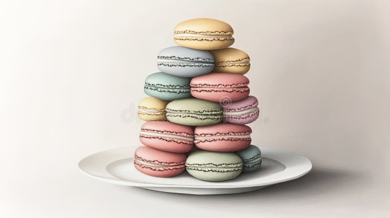 A Stack of Pastel-colored Macarons Arranged on a White Ceramic Plate ...