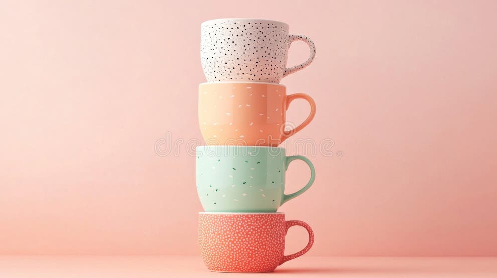 Stack of Pastel Colored Mugs with Dot Pattern on Pink Background Stock ...