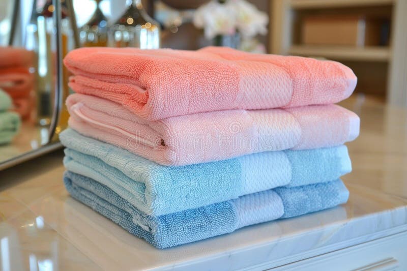 Stack of Pastel Colored Towels Folded on Marble Countertop Stock Image ...