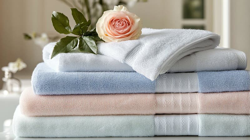 A Stack of Pastel-colored Towels with a Rose on Top, Styled in a Spa ...
