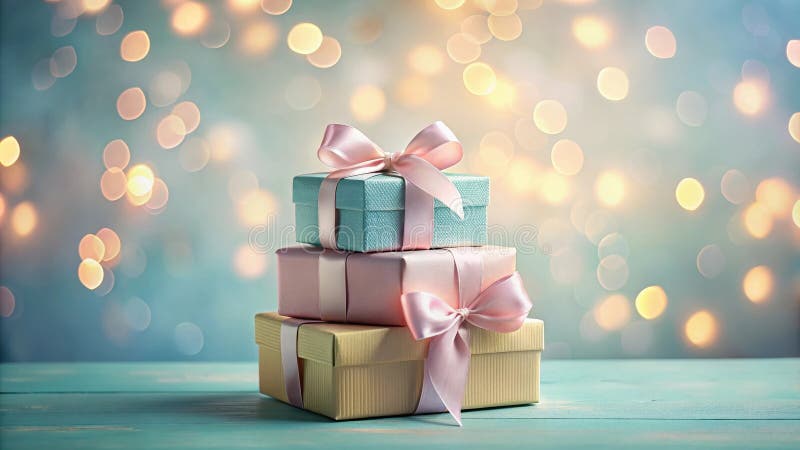 Stack of Pastel Gift Boxes with Ribbons on a Wood Surface Against a ...
