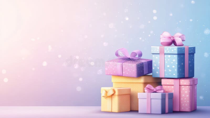 Stack of Pastel Gift Boxes with Sparkly Bows on a Lavender Background ...