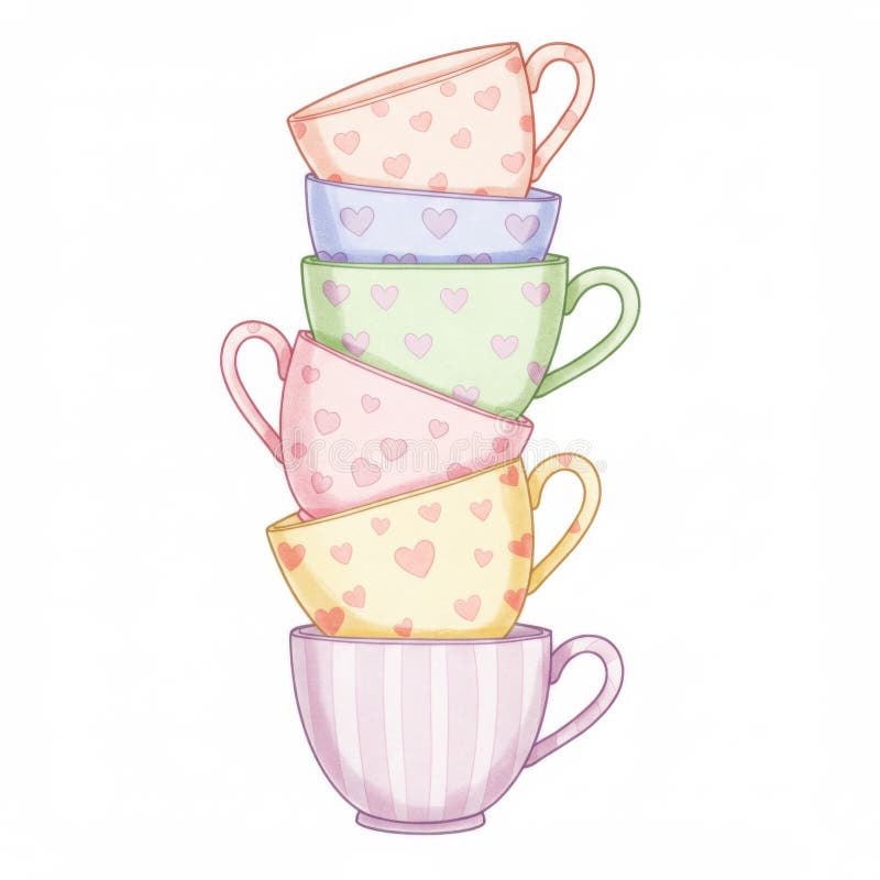 Stack of Pastel Teacups with Heart Pattern Stock Illustration ...