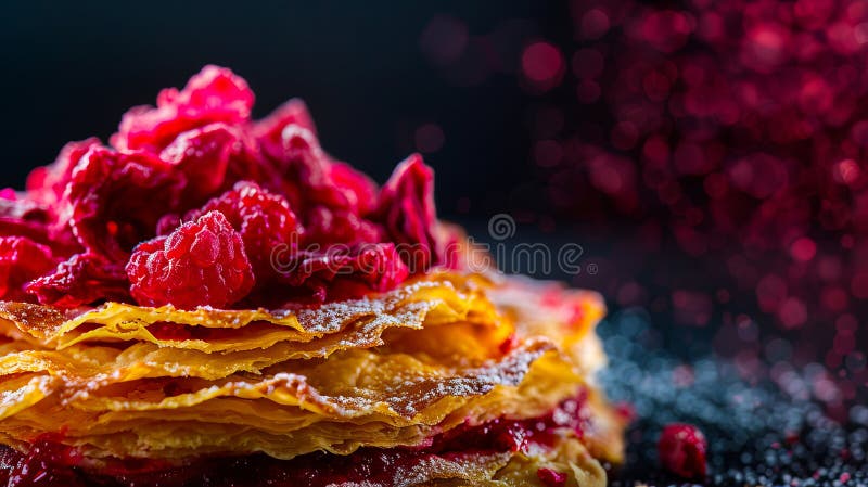 A Stack of Pastry with Raspberries on Top Stock Photo - Image of berry ...