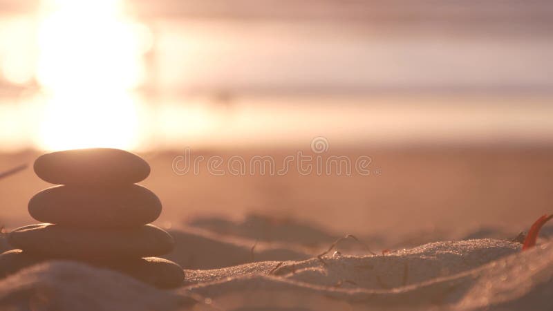 Stack of Pebble Stones, Sandy Ocean Beach, Sunset Sky. Rock Balancing ...