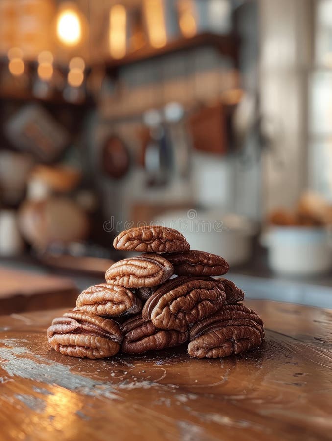 A Stack of Pecans on a Wooden Table in a Rustic Kitchen. Stock Image ...