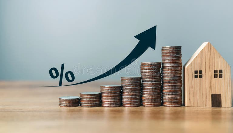 A Stack of Pennies is on a Table Next To a House and a Sign that Says 0 ...