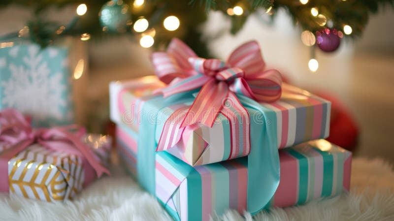 A Stack of Perfectly Wrapped Presents Under the Tree with Colorful ...