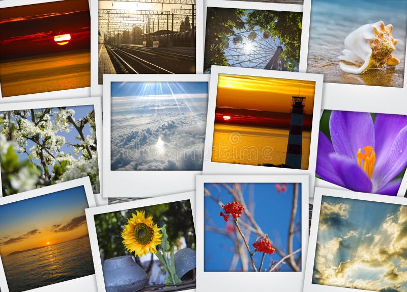 Stack of Photos Long Journey through Life on a Wooden Background Stock ...