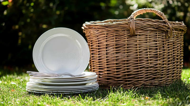 A Stack of Picnic Plates and Cutlery beside a Wicker Basket on a Sunny ...
