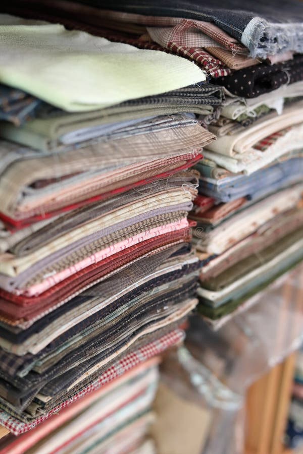Stack of Pieces Fabric Many Pattern on Shelf, Material Recycle for ...