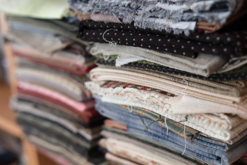 Stack of Pieces Fabric Many Pattern on Shelf, Material Recycle for ...