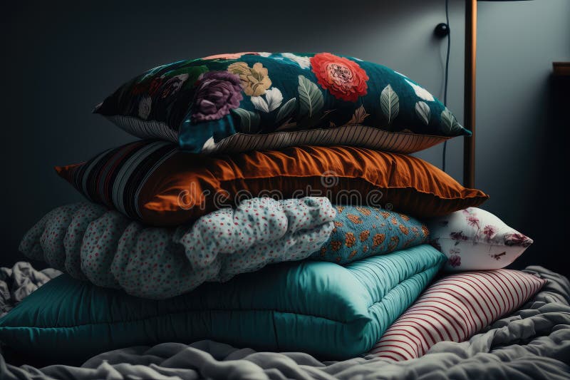 Stack of Pillows in Different Colors and Patterns on a Bed Stock ...