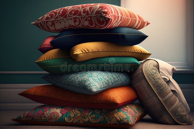 Stack of Pillows, with Patterned and Solid Colors Mix, on Bed Stock ...