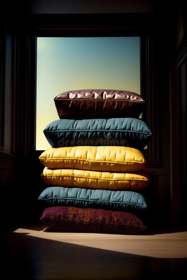 A Stack of Pillows Sitting in Front of a Window. Generative AI Stock Illustration - Illustration ...