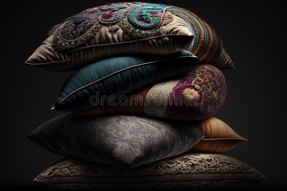 Stack of Pillows with Various Patterns, Textures and Colors Stock ...