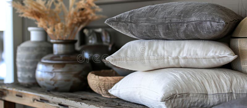 Stack of Pillows on Wooden Shelf Stock Photo - Image of furnishings ...