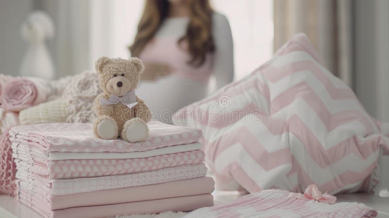 A Stack of Pink Baby Blankets, a Teddy Bear, and a Decorative Pillow ...